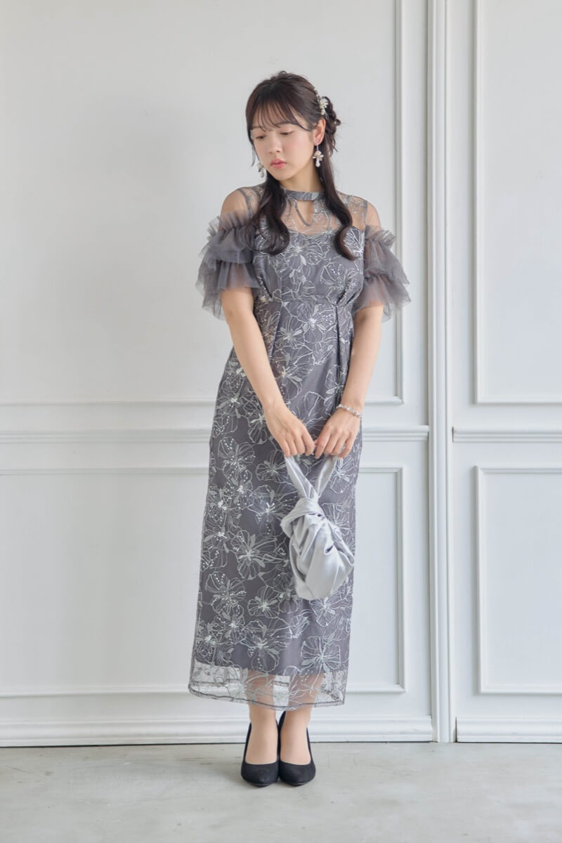 チャコールのスパンコール刺繍レースドレス | ANDRESD | M | 結婚式パーティーのレンタルドレスはリリアージュ